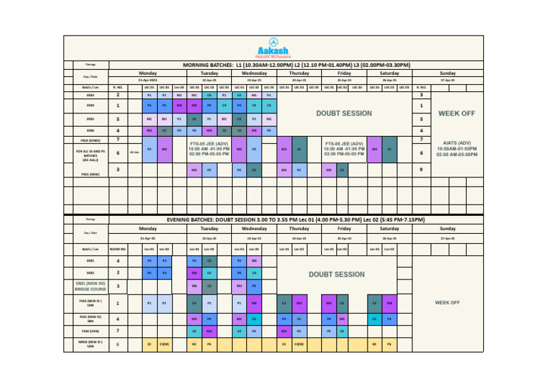 2025-26 - Time Table Engineering J2 - 21 To 27 April | PDF