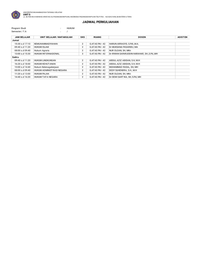 Roster Jadwal Perkuliahan | PDF