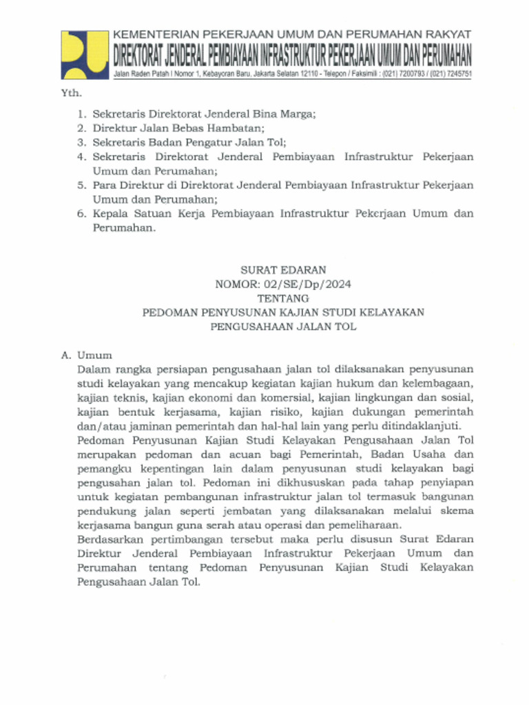 SE 02 Pedoman Penyusunan FS Jalan Tol - Cap | PDF