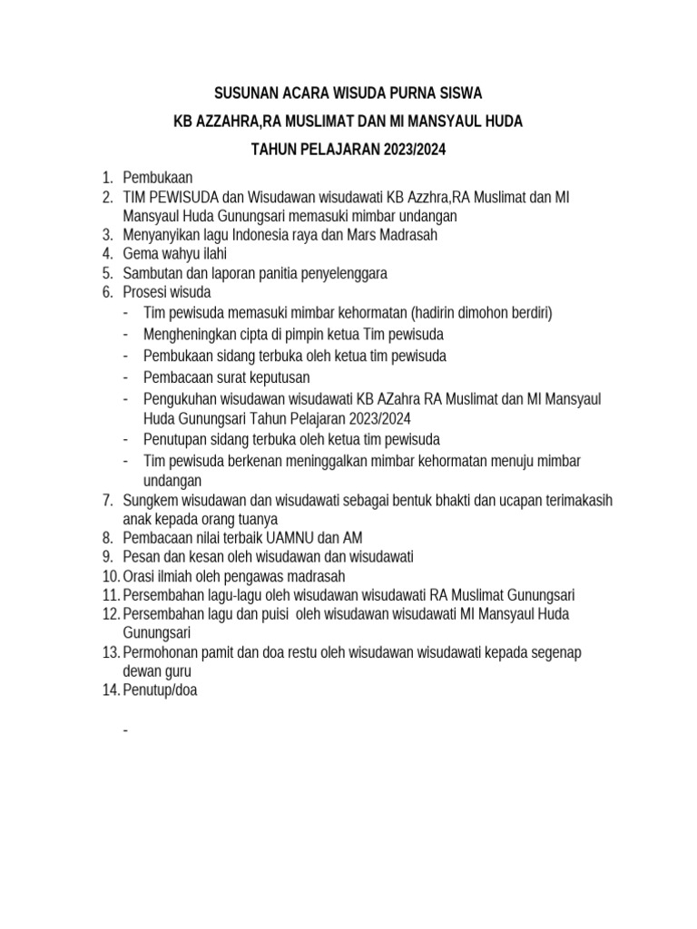 Susunan Acara Wisuda KB Azzahra 2024 | PDF