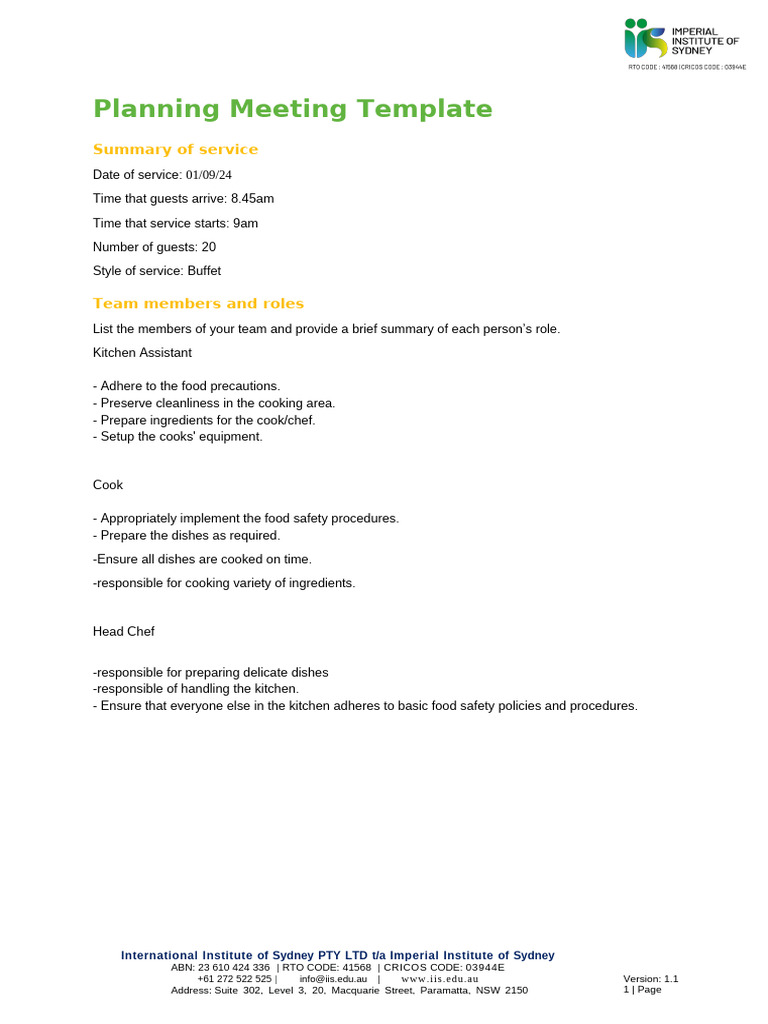 999 - SITHCCC043 Planning Meeting Template | PDF