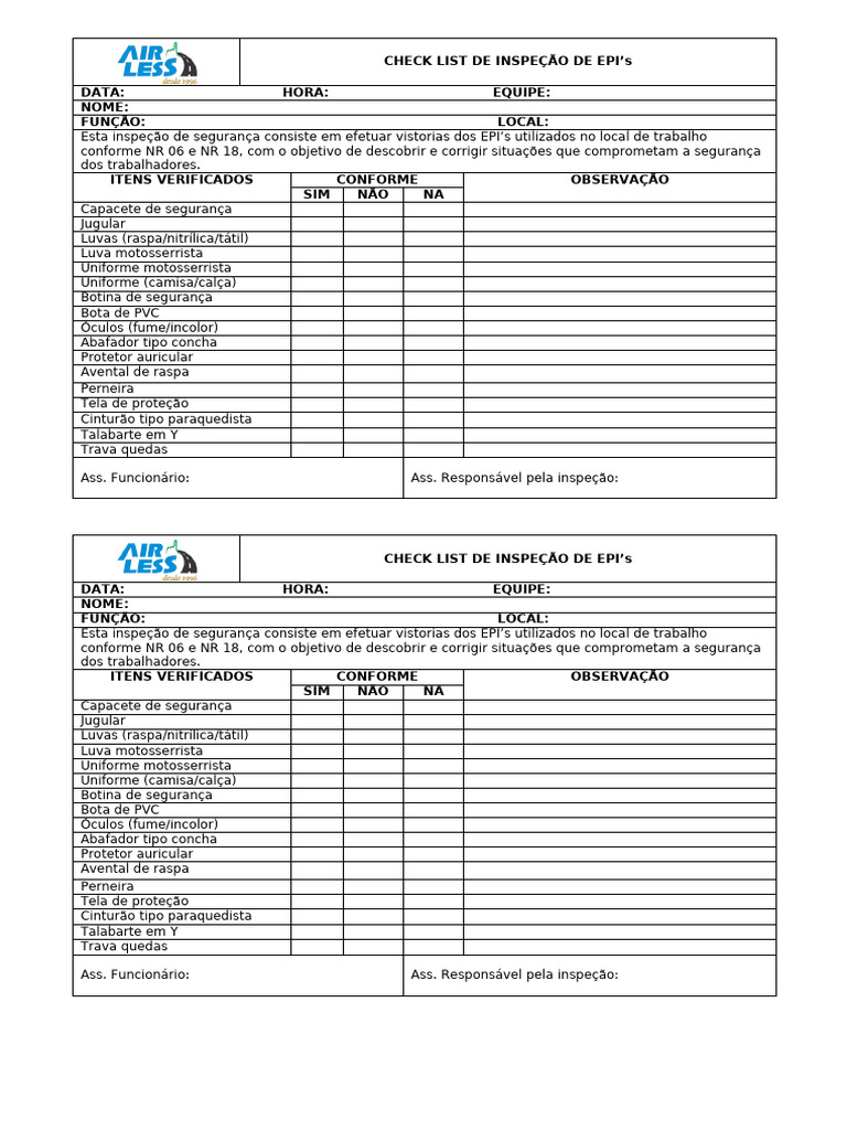 Checklist de Inspeção de EPI's Segurança | PDF