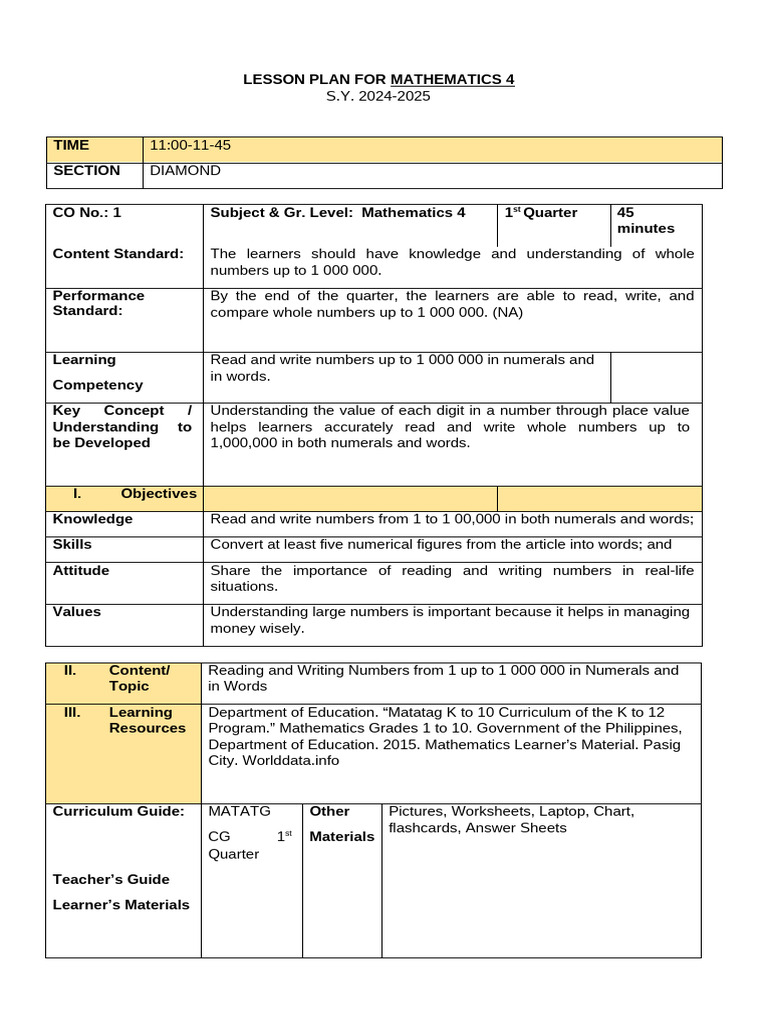 Reading and Writing Numbers to 1M | PDF | Learning | Curriculum