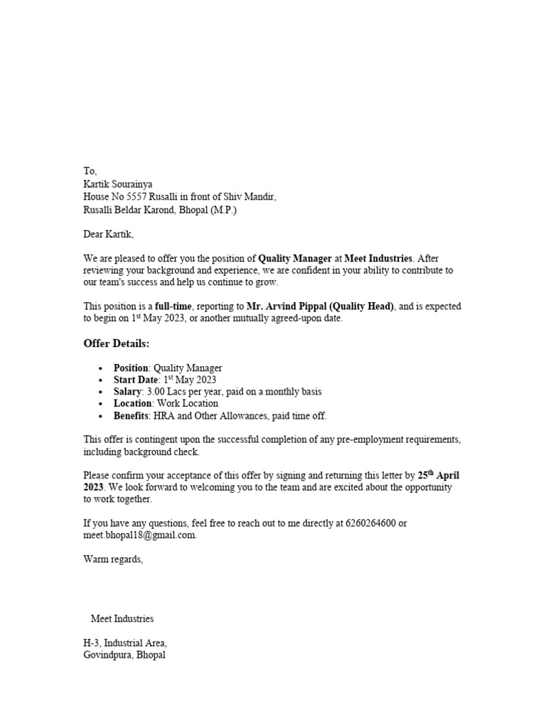Quality Manager Joining Offer Letter | PDF