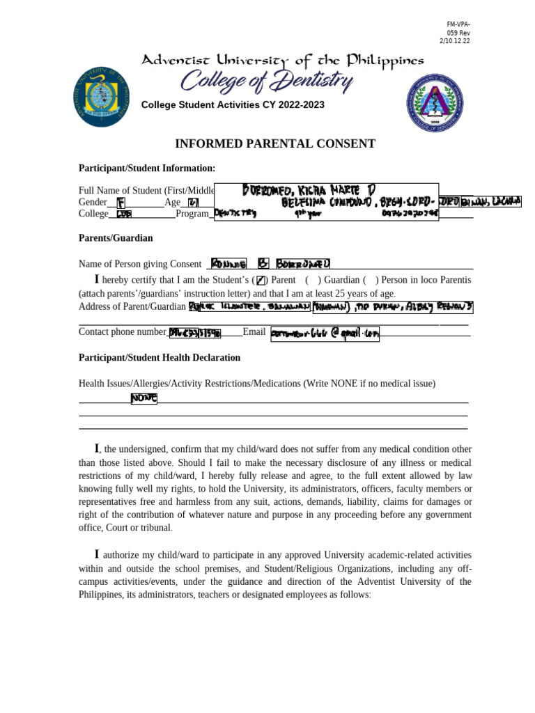 1SY22 23 COD Official Consent Form of Parents Gurdians On Activities 1 ...