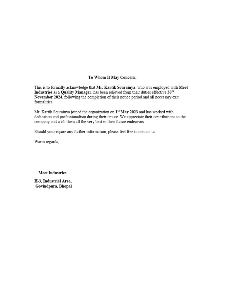 Releaving Letter | PDF