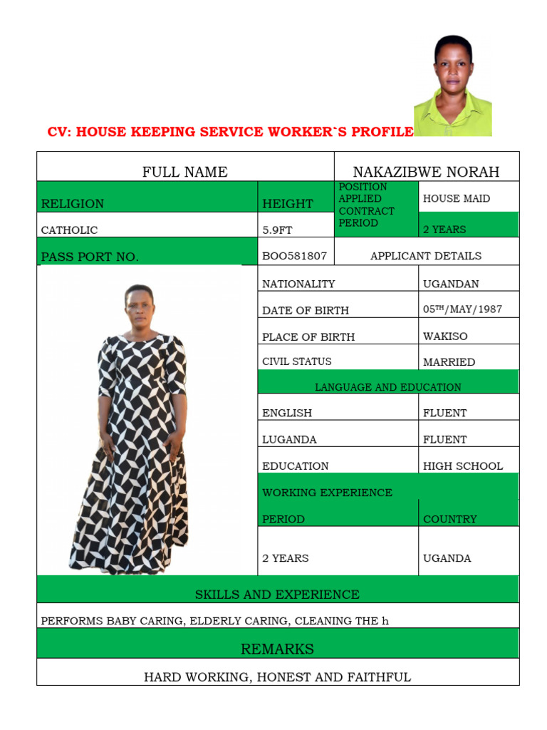 Housekeeping Service Worker Profile | PDF