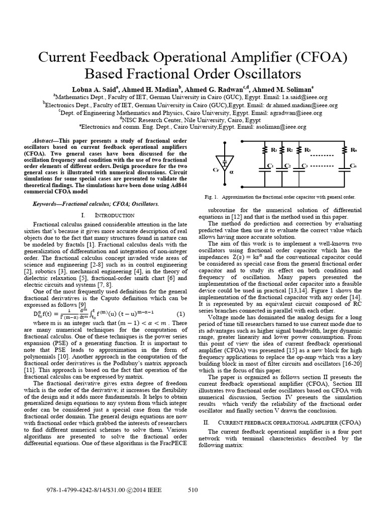 Current Feedback Operational Amplifier CFOA Based Fractional Order Oscillators | PDF ...