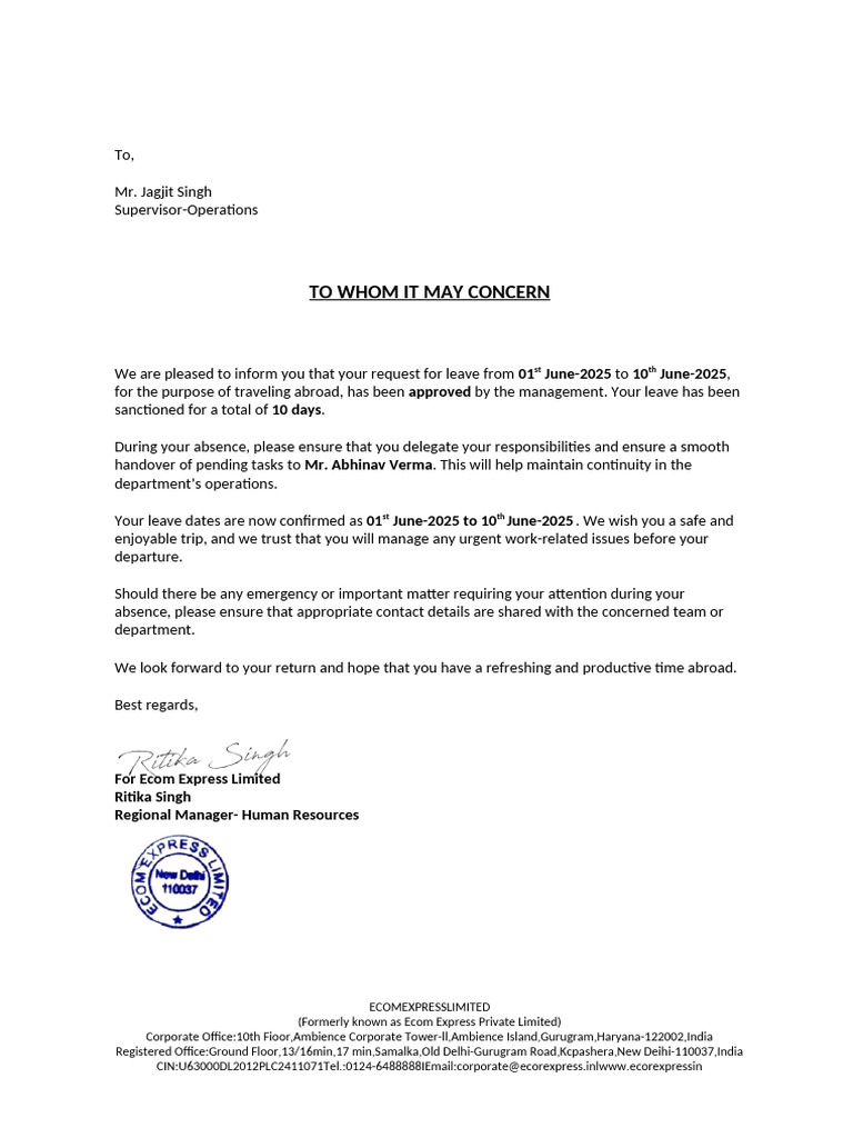 Leave Sanction Letter | PDF