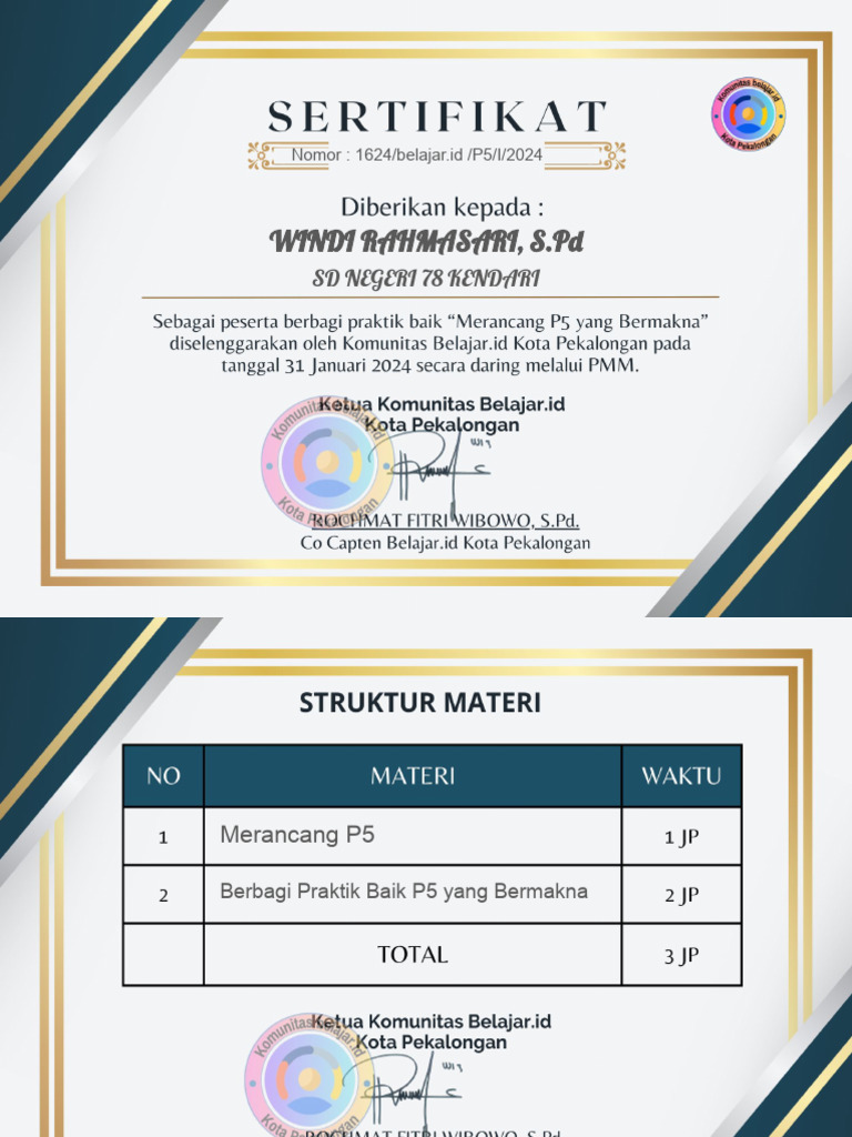 Sertifikat p5 Bermakna Windi Rahmasari, S.PD | PDF