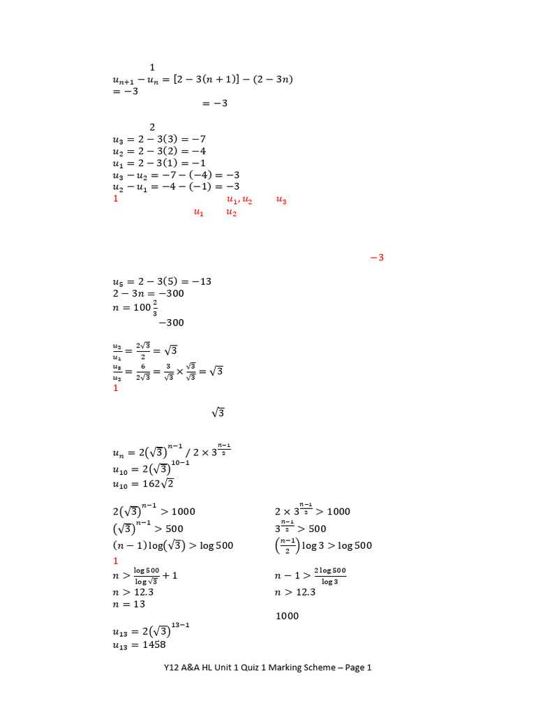 Y12 U1 Quiz 1 - Sequences and Series Marking Scheme | PDF | Arithmetic ...