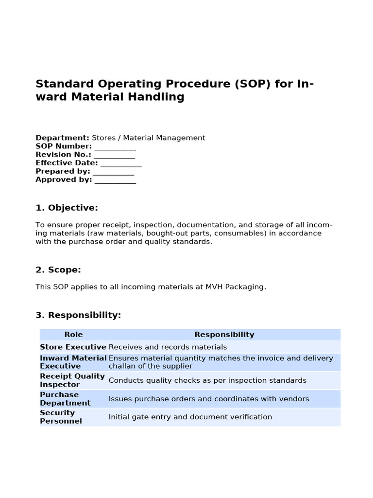 SOP - Inward Material Handling Final (1) | PDF | Weighing Scale