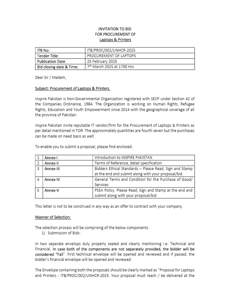 Job - ITB Invitation To Bid ITB PROC 002 UNCHR 25 Laptop | PDF | Labour ...
