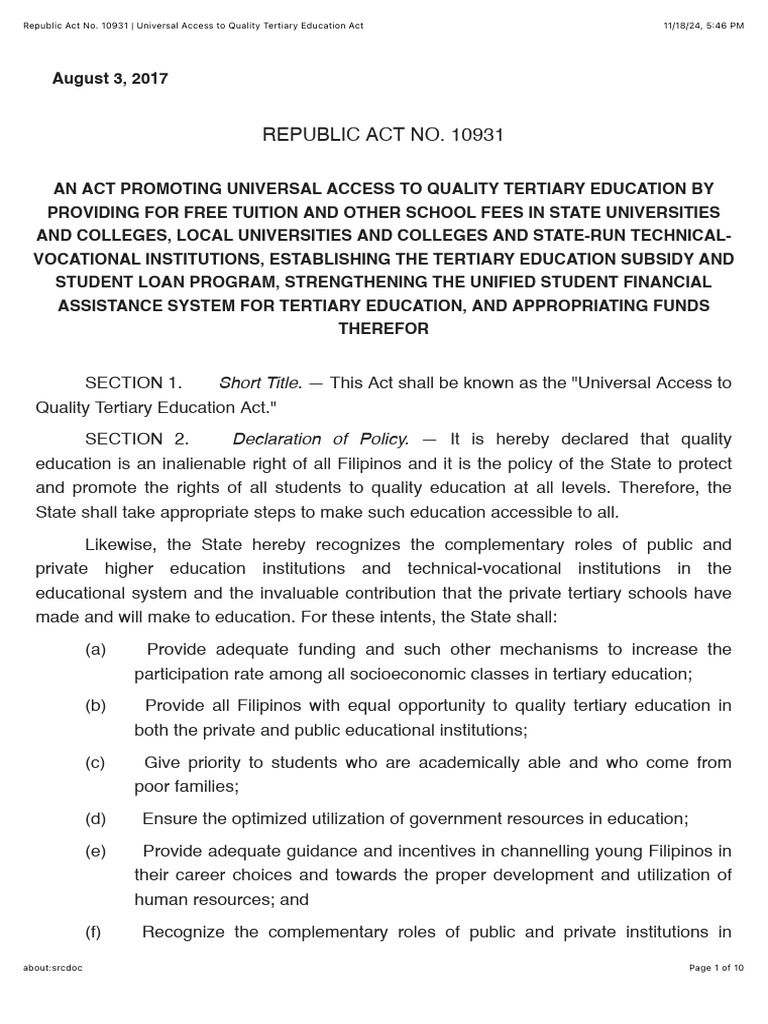 RA 10931 - Universal Access To Quality Tertiary Education Act | PDF ...
