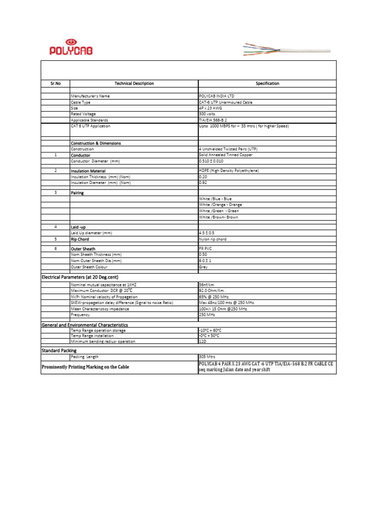 Cat-6 UTP Cable Data Sheet | PDF | Manufactured Goods | Electronic ...