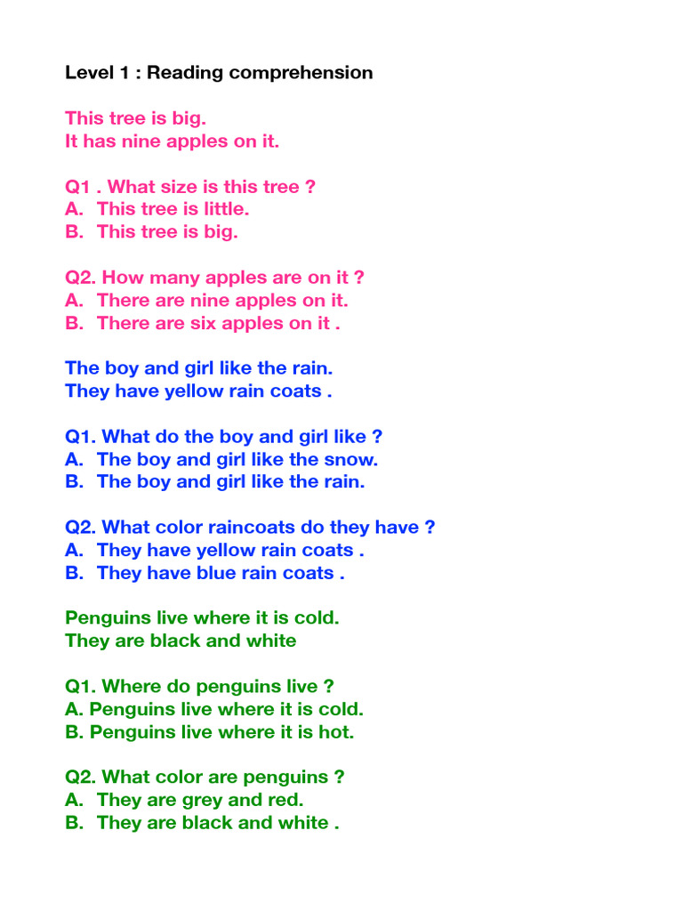 Level 1 & 2 Reading Comprehension Quiz | PDF