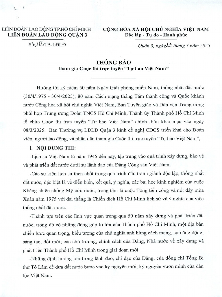 TB Tham Gia Cuoc Thi Truc Tuyen Tu Hao Viet Nam - 0001 | PDF