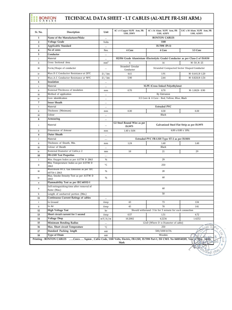Data Sheet - 4C 3.5C Aluminium 6 16 50 XLPE FR-LSH Armoured Cable ...