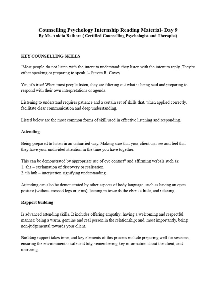 Counselling Psychology Internship Reading Material - Day 9 | PDF ...