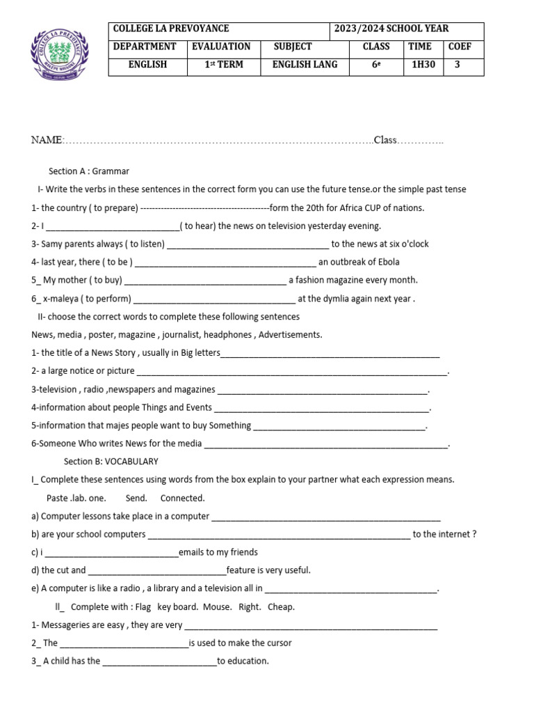 Anglais-6e-Compo-3e-trim-2024.pdf_A | PDF | English Language | Grammatical Tense