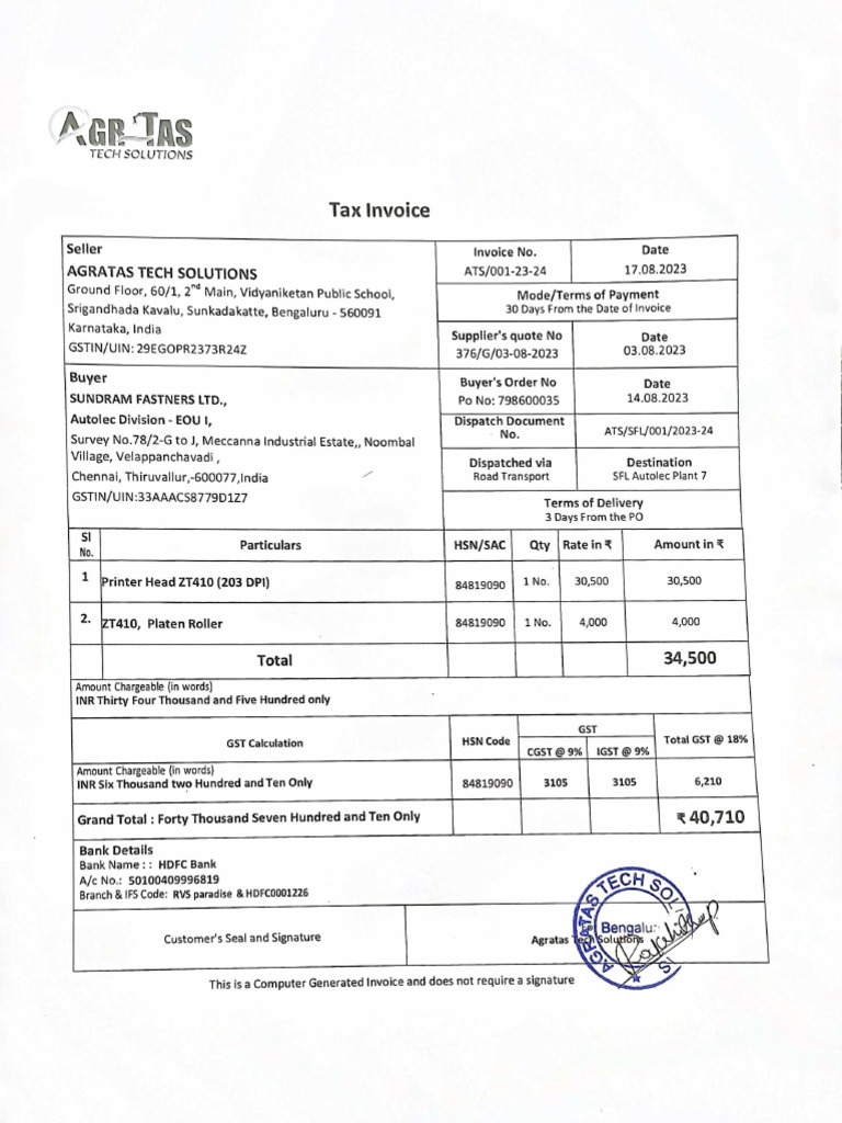 001-SFL-invoice For Zebra Printer and Roller Platten | PDF