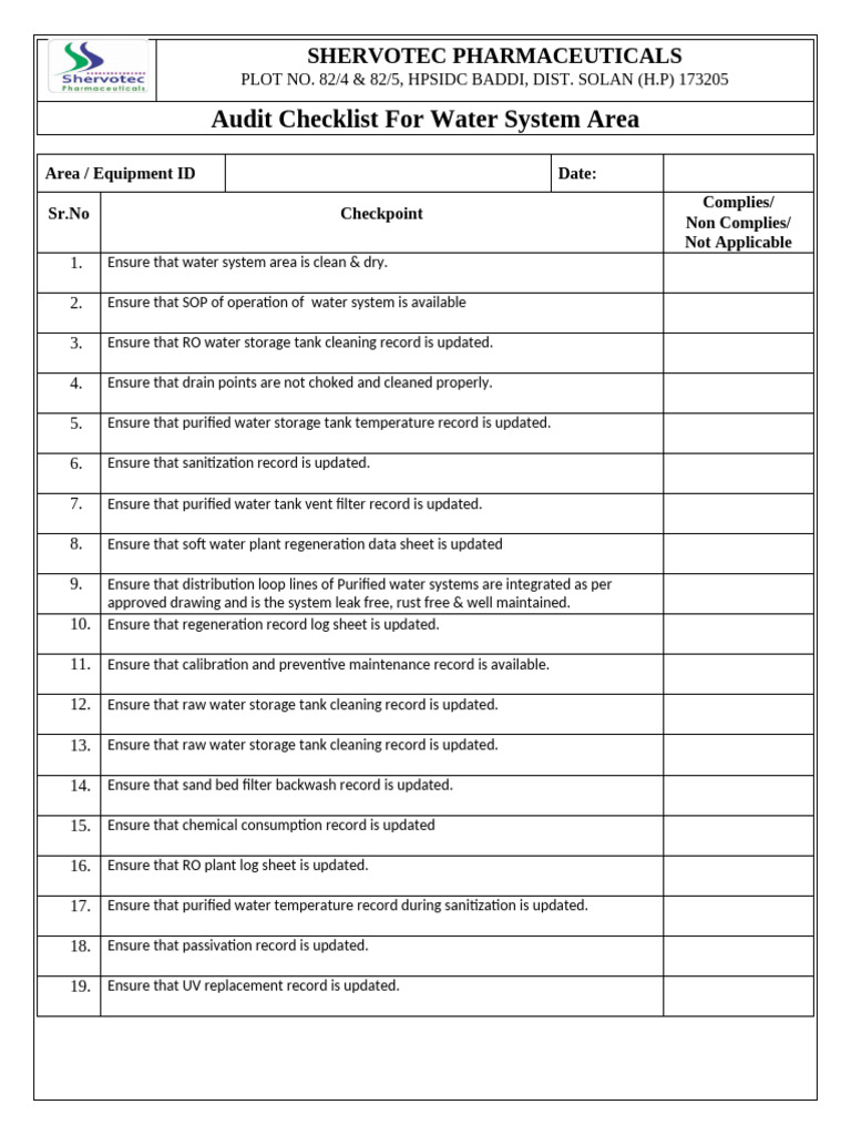 Audit Checklist For Water System | PDF | Water | Hydraulic Engineering