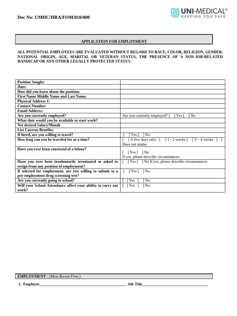 General Application Form - Uni-Medical Healthcare Limited 2025 | PDF ...