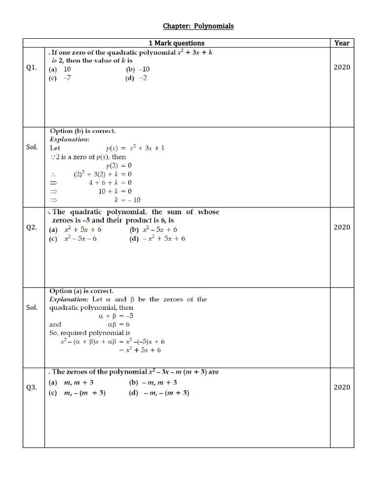 Polynomials: 1 & 2 Mark Questions | PDF | Polynomial | Zero Of A Function
