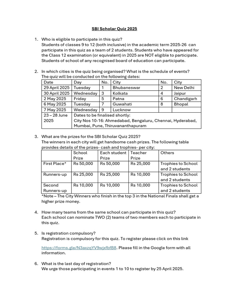 SBI Scholar Quiz 2025 Detailer | PDF