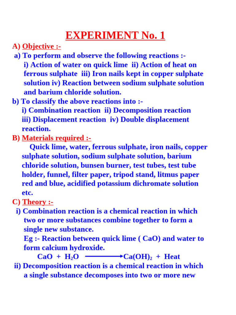 Class 10 Chemical Reactions Experiments | PDF | Chemical Reactions ...