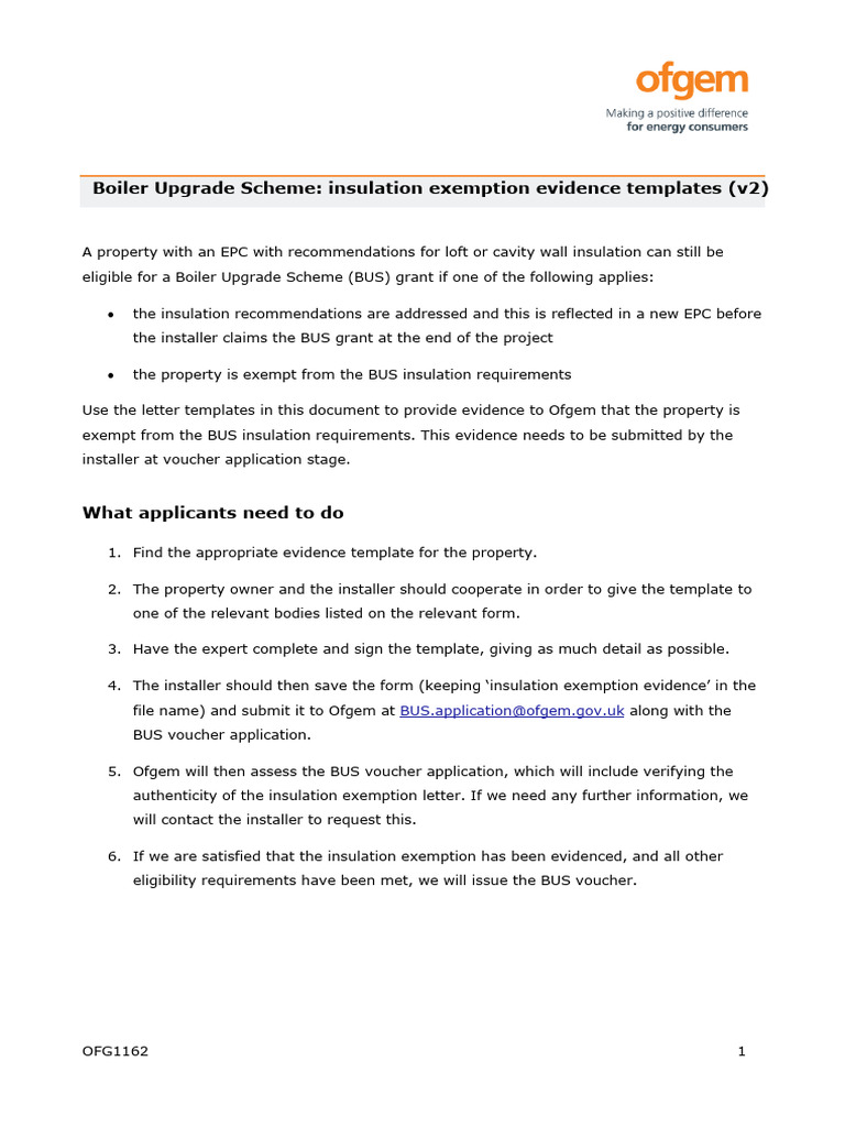 Boiler Upgrade Scheme - Insulation Exemption Evidence Templates | PDF ...