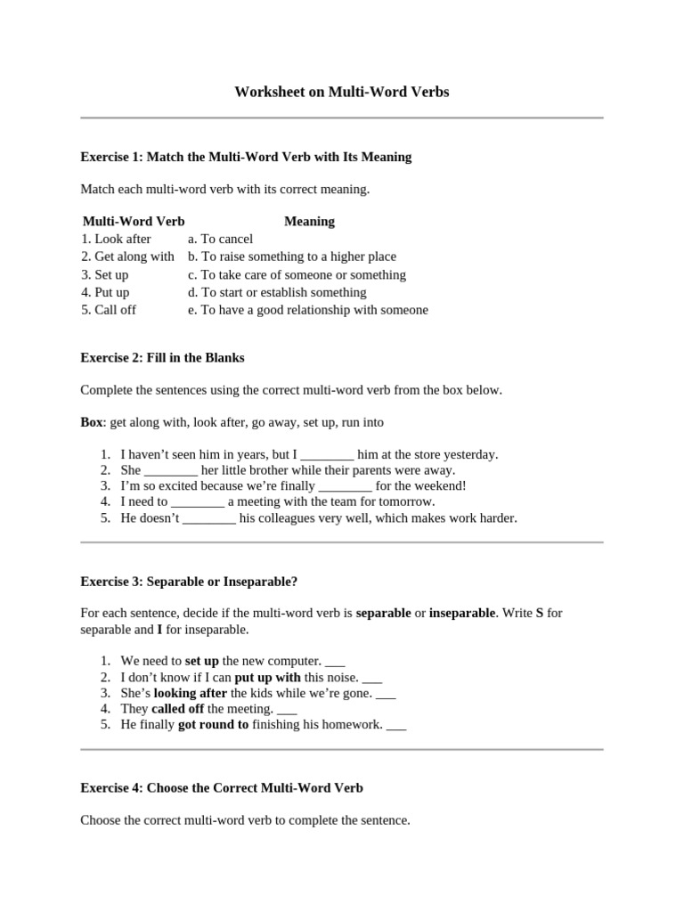 Worksheet On Multi Word Verbs | PDF | Linguistic Typology | Linguistics