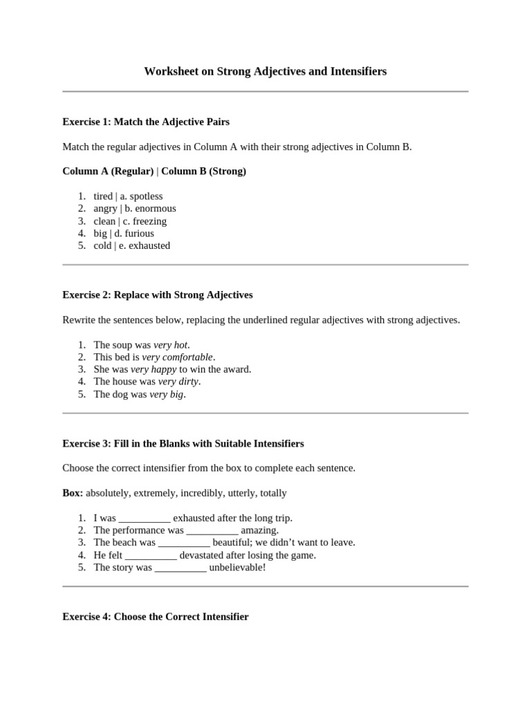 Worksheet on Strong Adjectives and Intensifiers | PDF