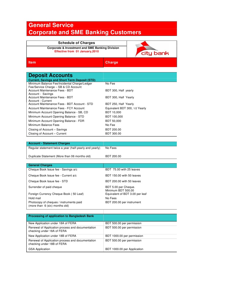Bank Charges Schedule | PDF | Overdraft | Money