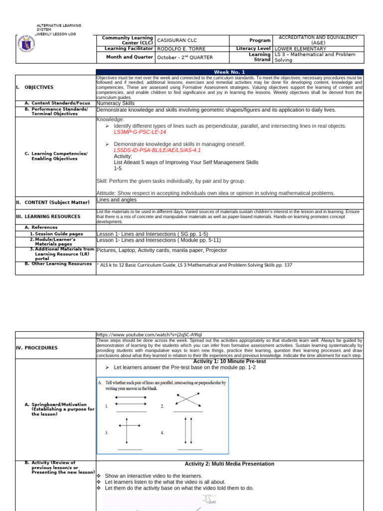 ALS Weekly Lesson Log LS5 MATH | PDF | Learning | Teachers
