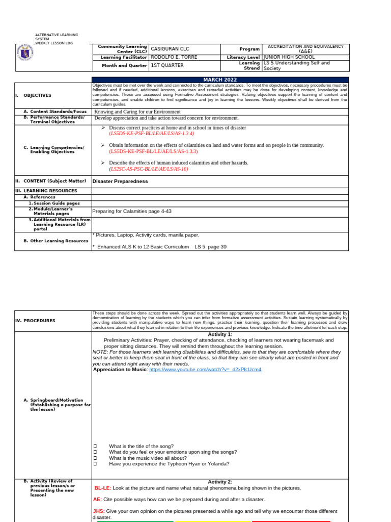 ALS Weekly Lesson Log LS5 DISASTER | PDF | Learning | Curriculum