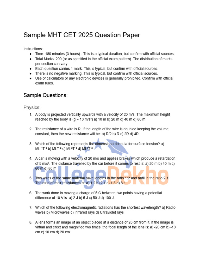 MHT CET 2025 Sample Question Paper | PDF | Acid | Inductor