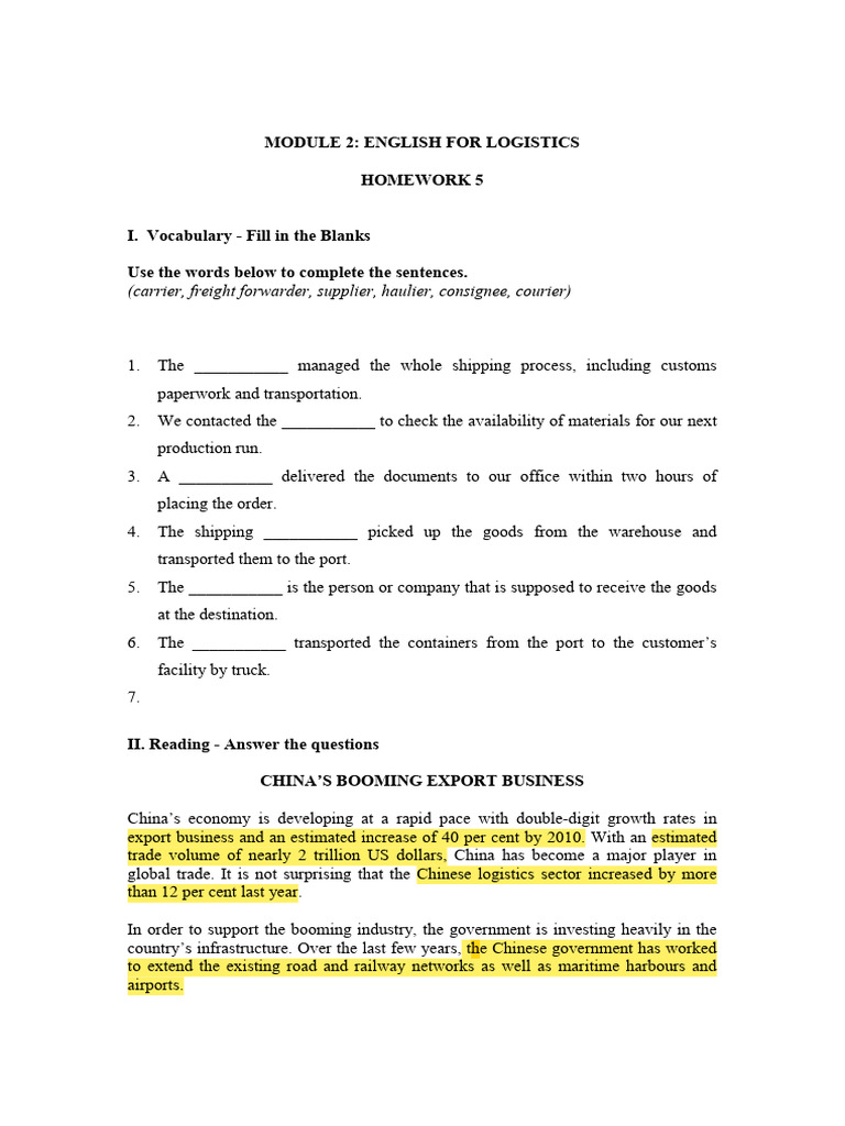 B2.6 - Module 2 - Homework 5 | PDF | Logistics | China
