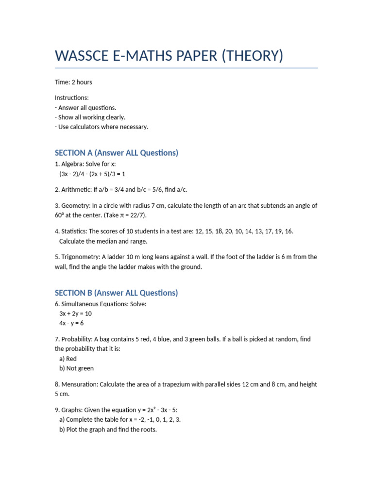 WAEC Standard WASSCE E-Maths Theory Paper | PDF