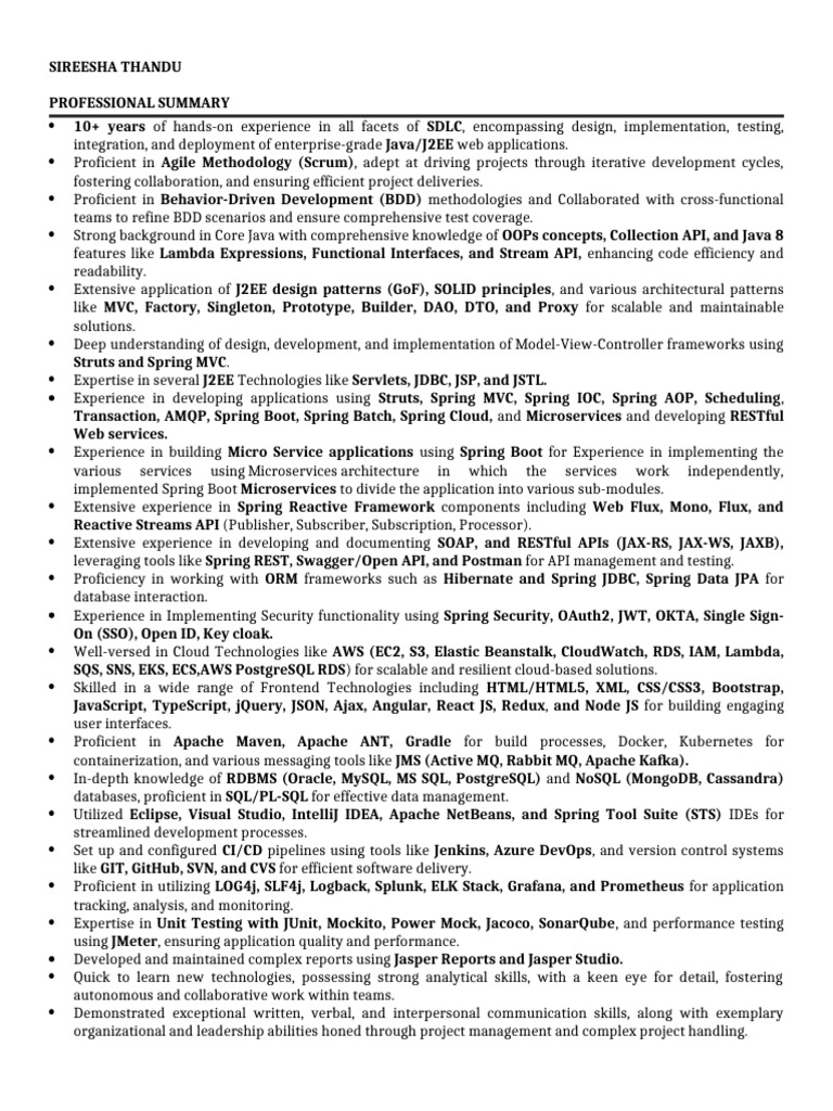 Sireesha Thandu Java Developer 10+ Yrs - Resume | PDF | Spring Framework | Databases