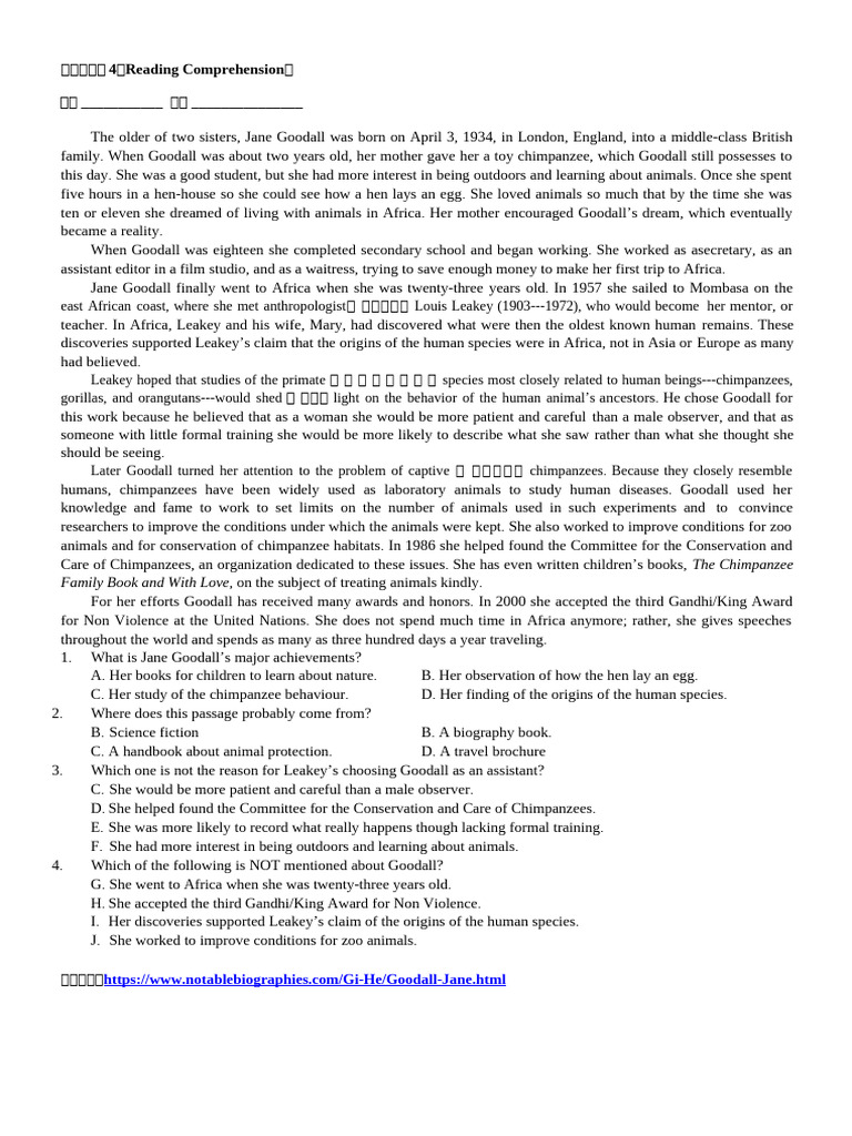 网课练习卷4（Reading Comprehension） | PDF | Chimpanzee | Zoology