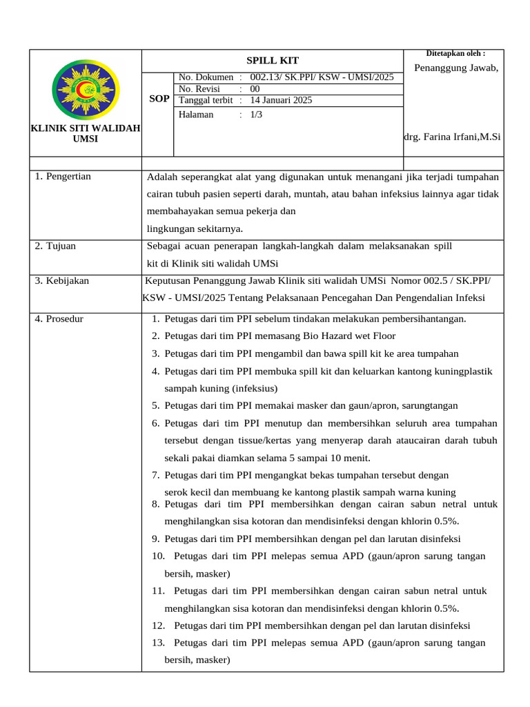 Prosedur Spill Kit Klinik Siti Walidah | PDF