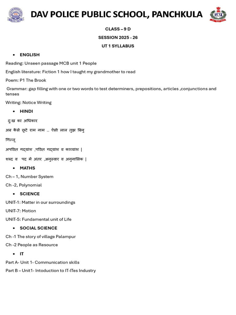 UT-1 Syllabus Class IX D | PDF