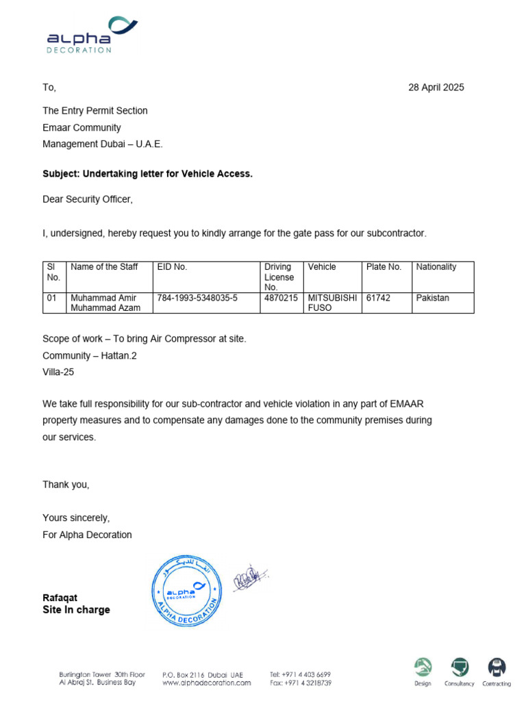 Vehicle Access Undertaking Letter | PDF