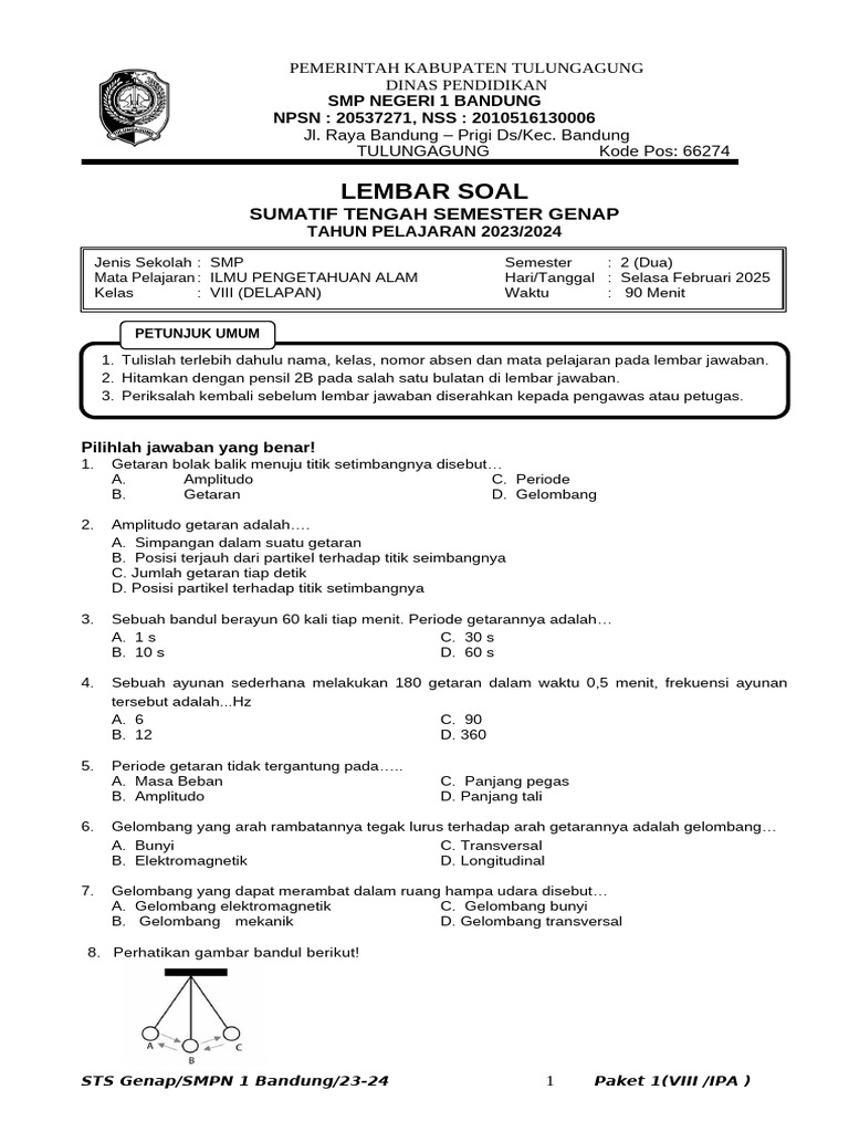 Soal STS Ipa Kelas 8 Genap 2025 Paket 1 | PDF