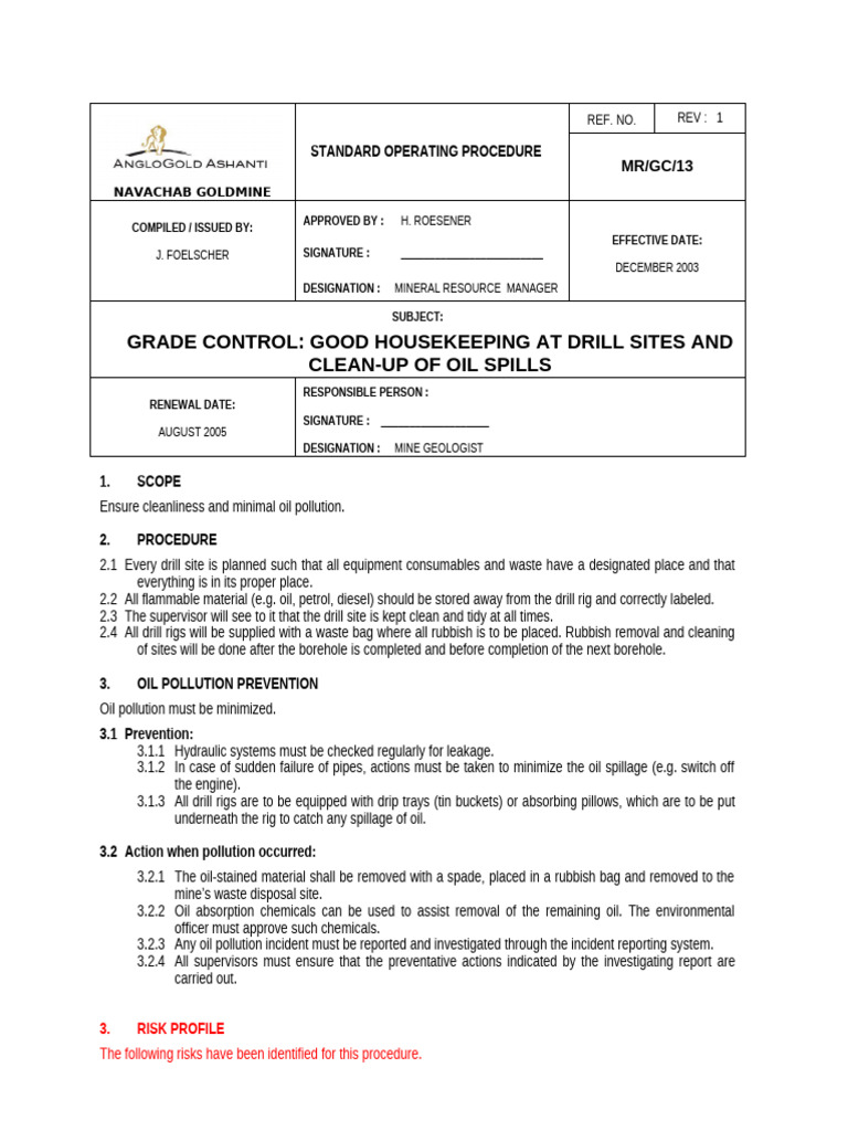 Grade Control SOP for Drill Sites | PDF | Oil Spill | Personal ...