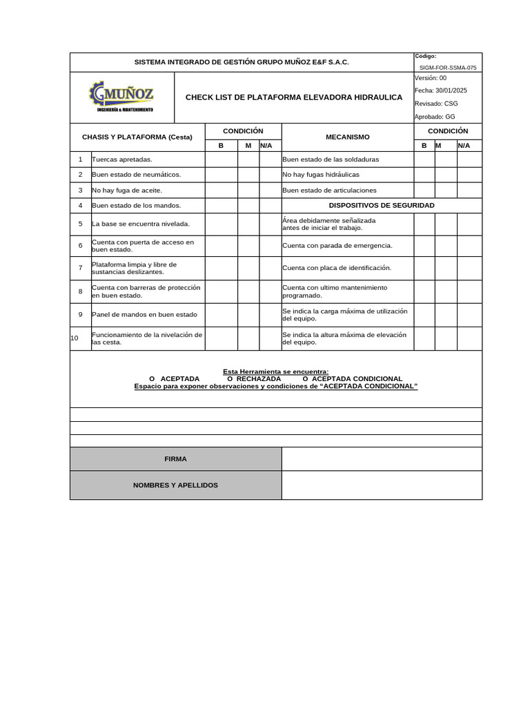 Checklist Plataforma Elevadora Hidráulica | PDF | Vehículos