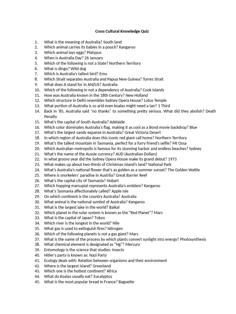Cross Cultural Knowledge Quiz | PDF | Australia | Chemical Elements