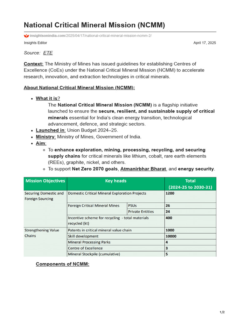 National Critical Mineral Mission Overview | PDF | Mining | Cobalt