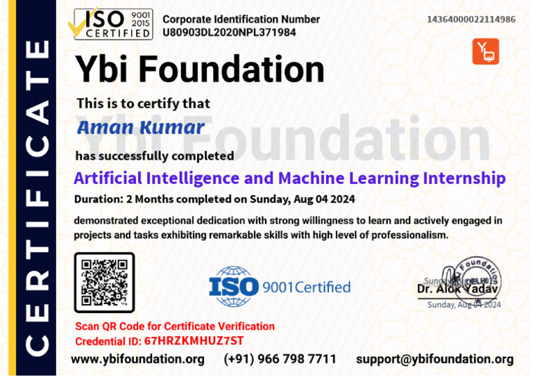 Artificial Intelligence and Machine Learning Internship (60days) | PDF